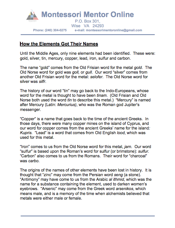 How the Elements Got Their Names – Montessori Mentor Online