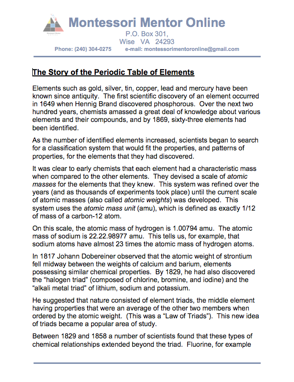 The Story of the Periodic Table of Elements – Montessori Mentor Online